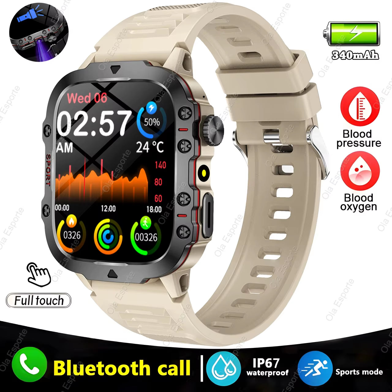 Original Men Smartwatch Flashlight Bluetooth Call Fitness Clock IP68 W ...